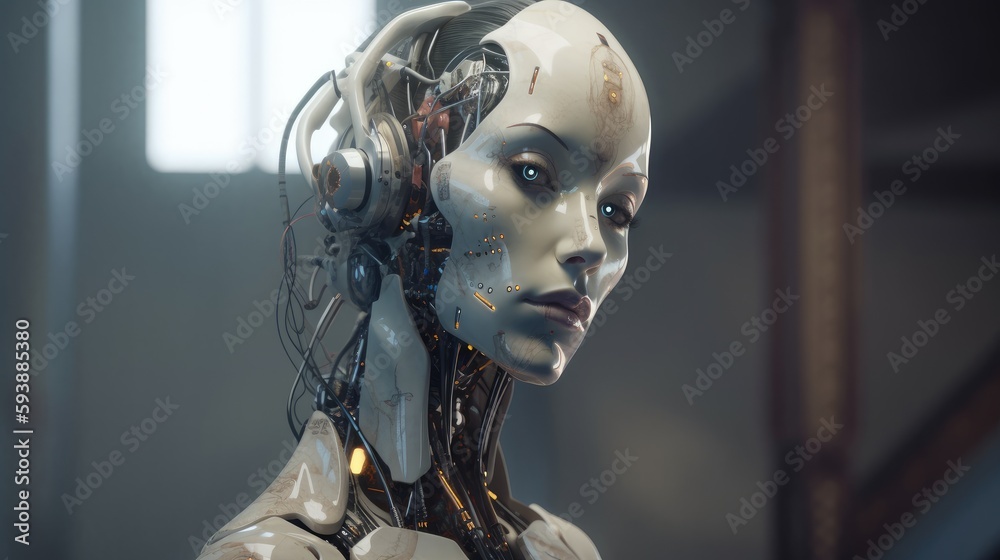 Cyborg woman. Ai female robot sci-fi technology paining style ...