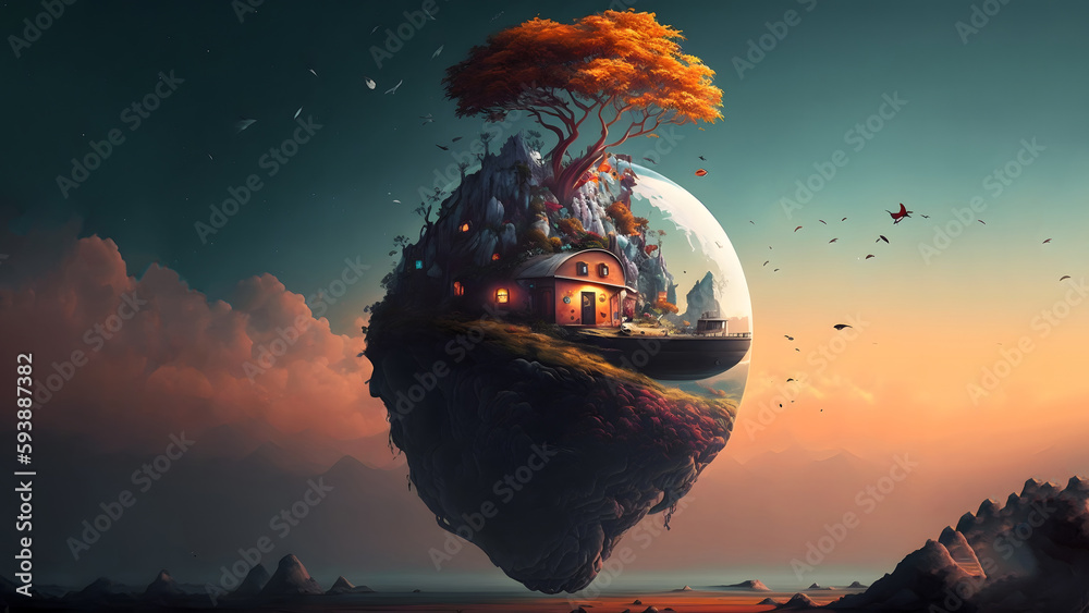 surreal magic fantasy world with house and tree on flying island above ...