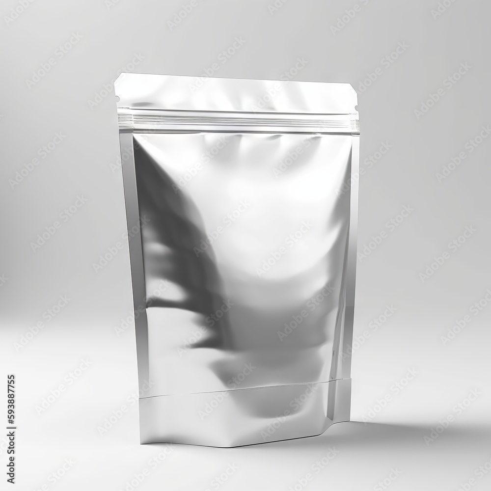 Empty metalic pouch mockup, packet, white background " ai generated ...