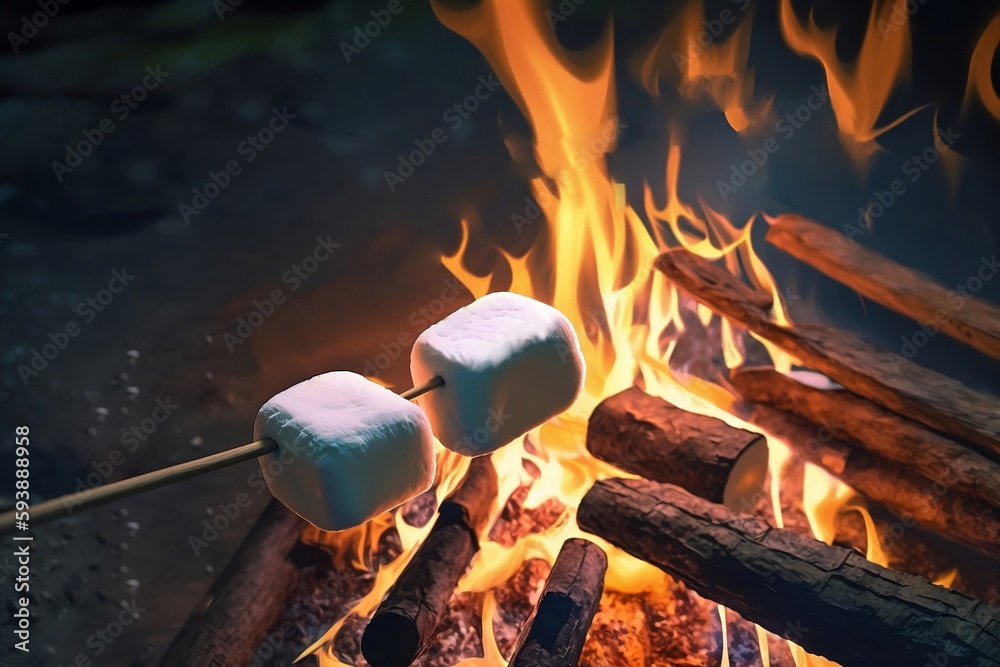 Marshmallow on fire. Delicious white roasted marshmallows. Generative ...