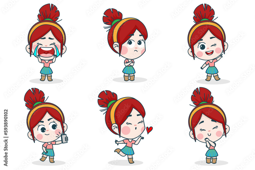Young smart girl character with different facial expression and hand ...
