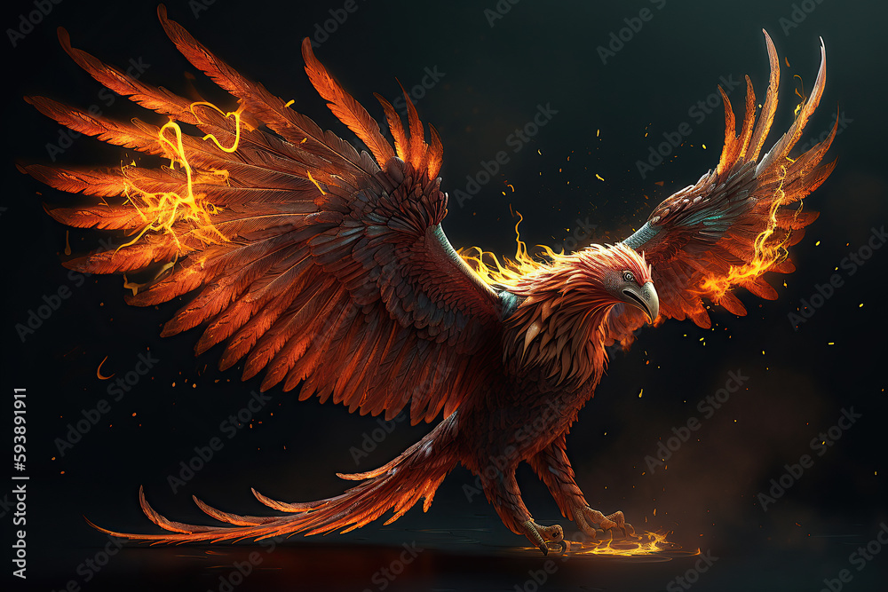 Experience the fiery rebirth of a majestic phoenix, its wings flapping ...
