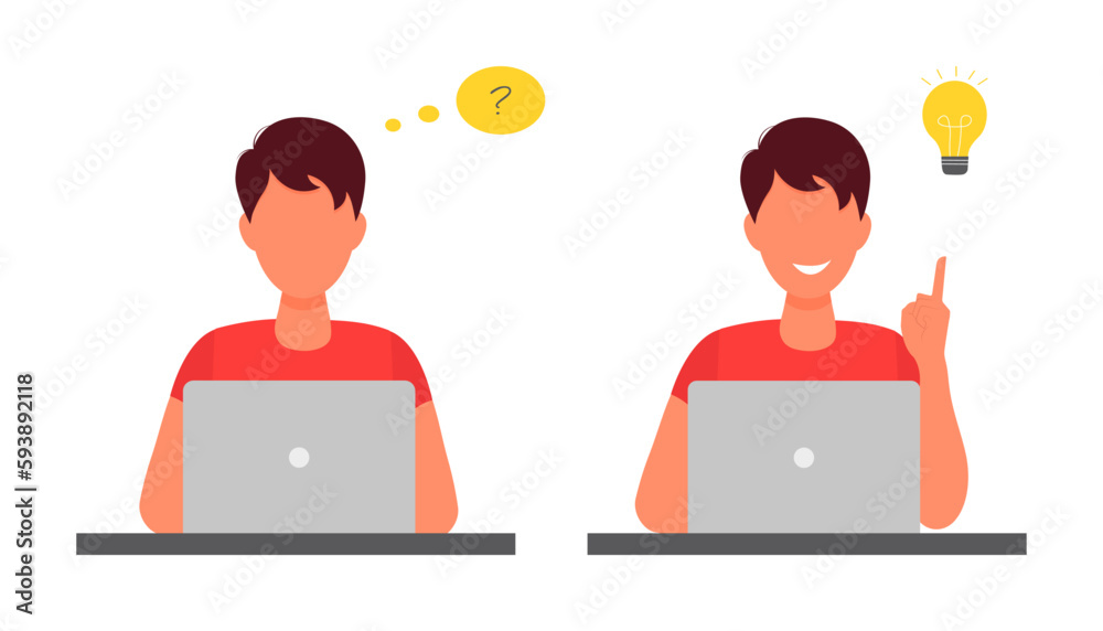 A man working at a computer thinking about solving problems and finding ...