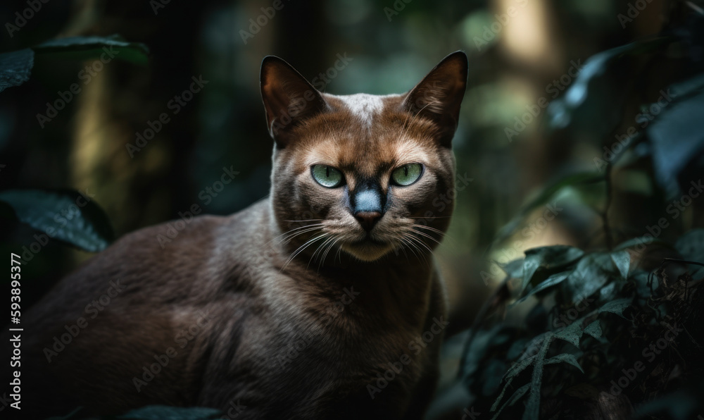 Photo of Burmese cat, perfectly poised in its natural jungle habitat ...