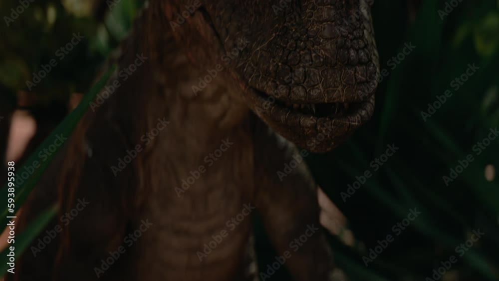 CU Shot of a dinosaur tyrannosaurus t-rex eye roaring into camera ...