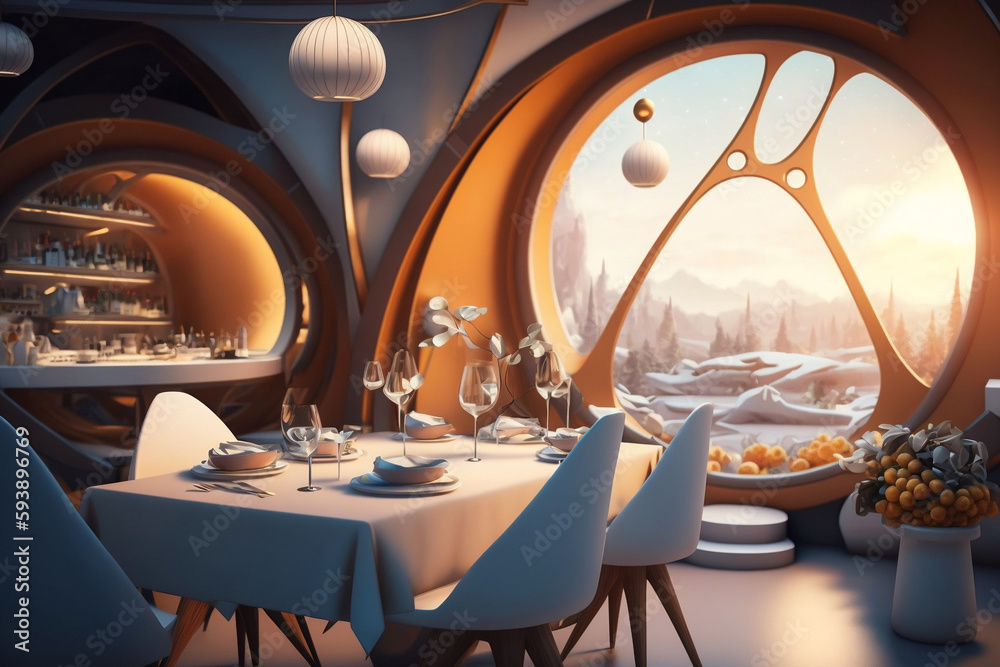 futuristic restaurant interior with round window. Stock Illustration ...