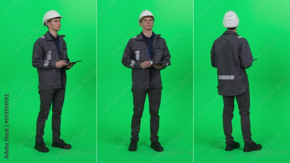3-in-1 Green Screen Collage: Young Industrial Worker Wearing Grey Work ...