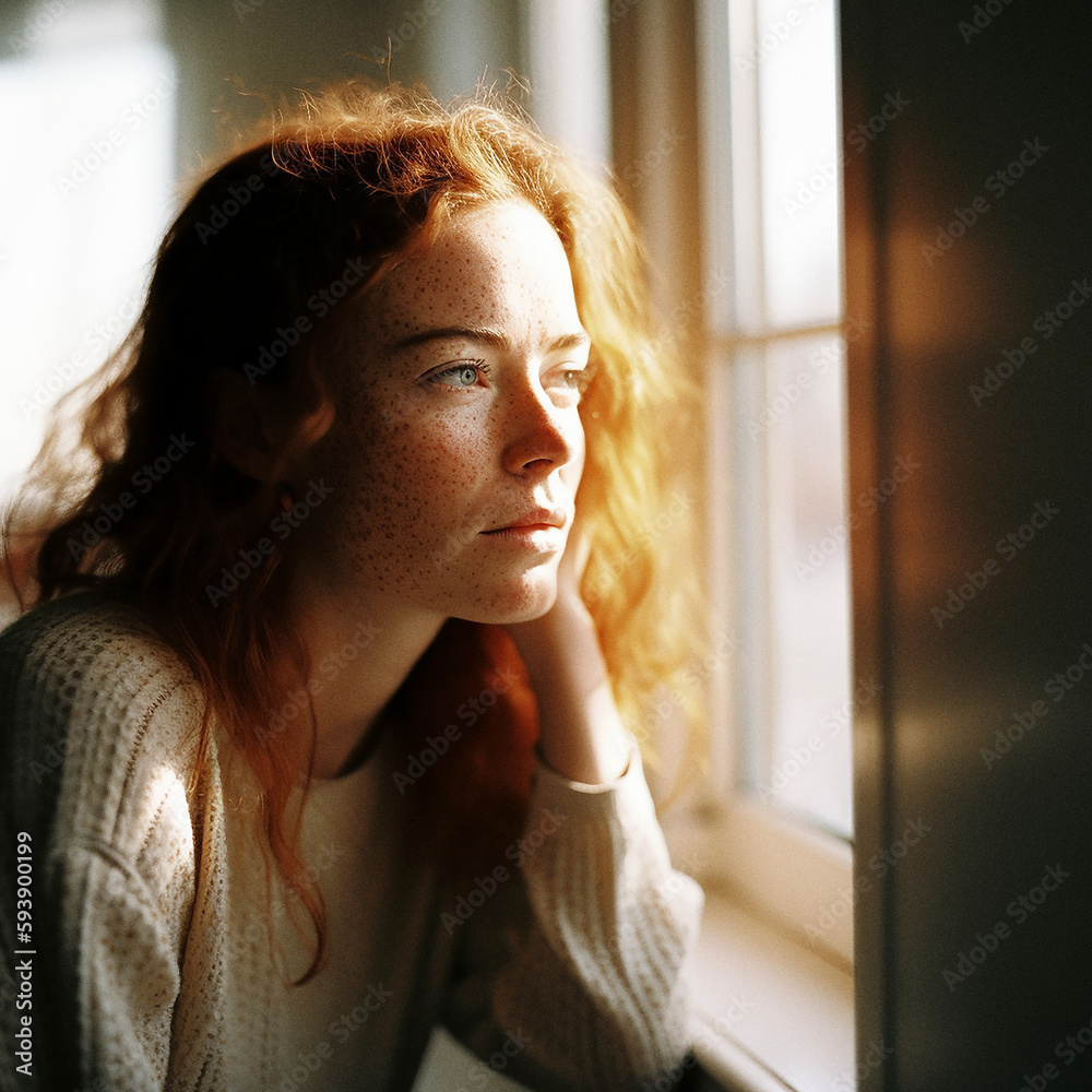 Woman with freckles looking out a window with warm light shining on her ...