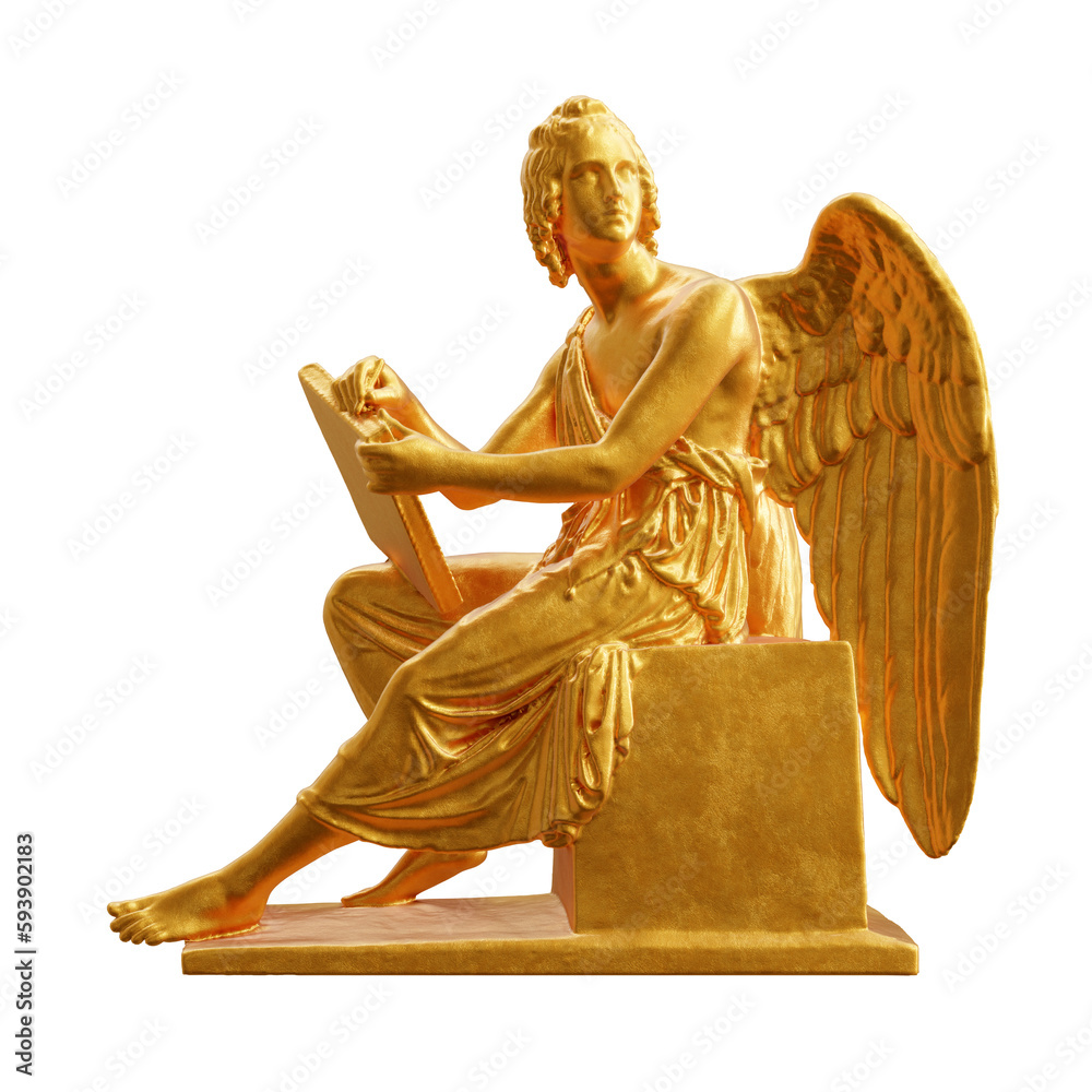 Golden sculpture of a seated angel isolated on transparent background ...