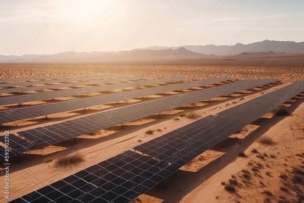 Solar power plant with rows of large solar panels in a desert landscape ...