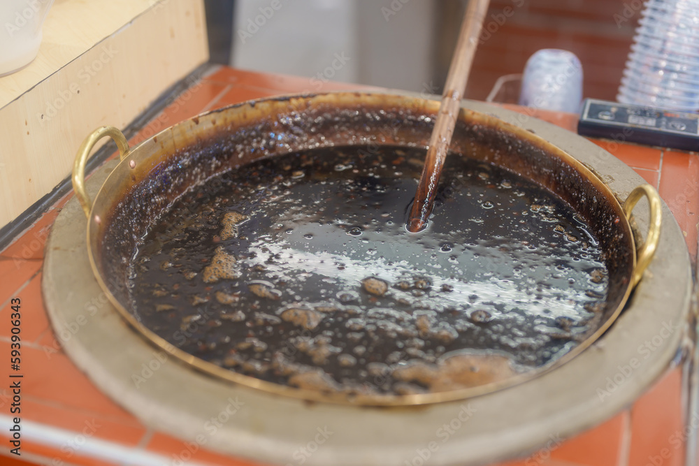 tapioca pearls with brown sugar boba milk tea at night market, famous Taiwanese bubble tea of ...