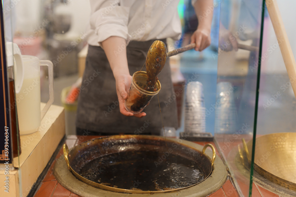 tapioca pearls with brown sugar boba milk tea at night market, famous ...