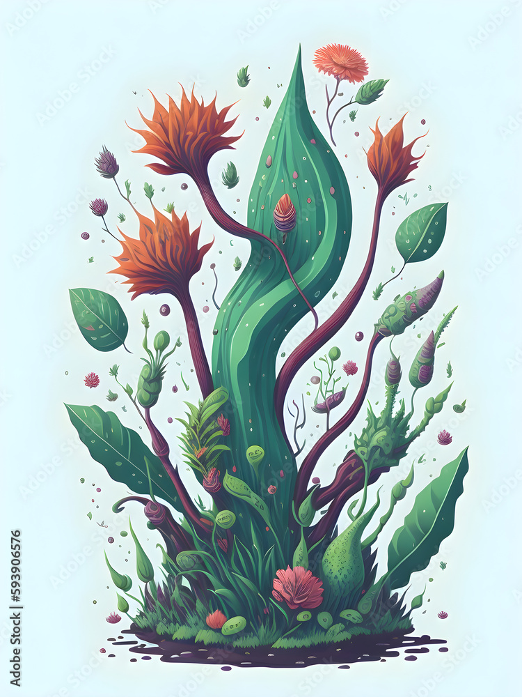 A detailed illustration a print of carnivorous alien plant on white ...