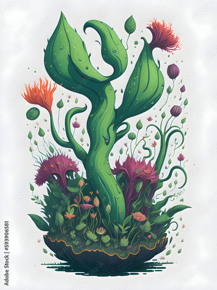 A detailed illustration a print of carnivorous alien plant on white ...
