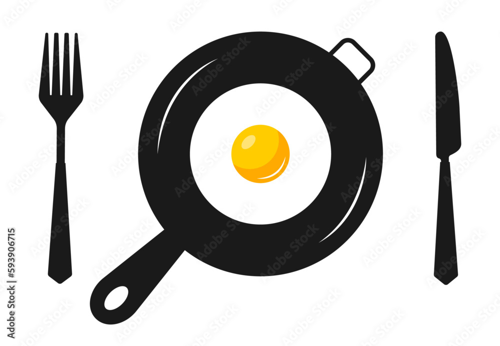 fried egg on a frying pan. Eggs in a black pan. For restaurant and cafe ...