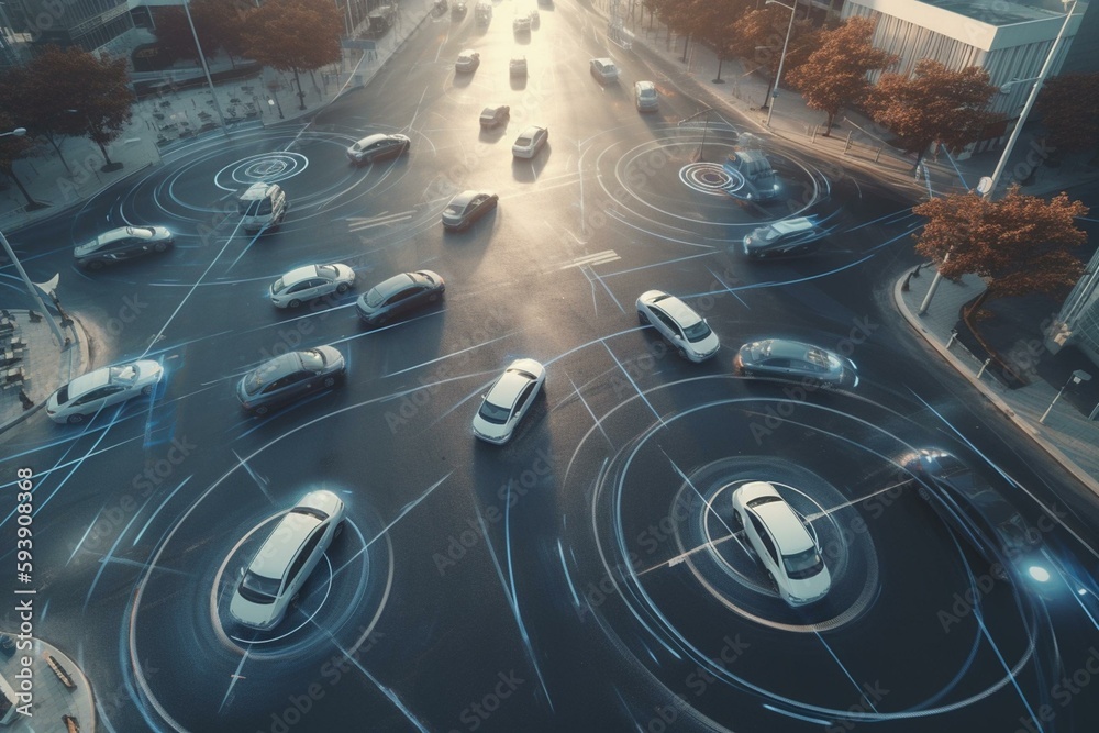 Autonomous Self Driving Cars Concept. Aerial view of cars and buses ...