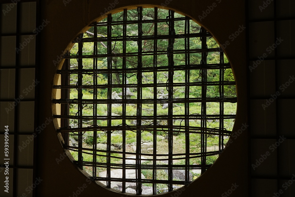 Japanese Garden from Traditional Japanese House Round Window at ...