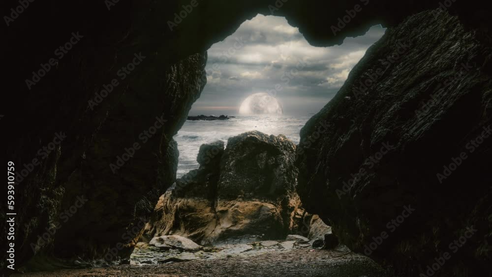 Moon Ocean Horizon Cave Trench View Zoom In Motion Background. Cave ...