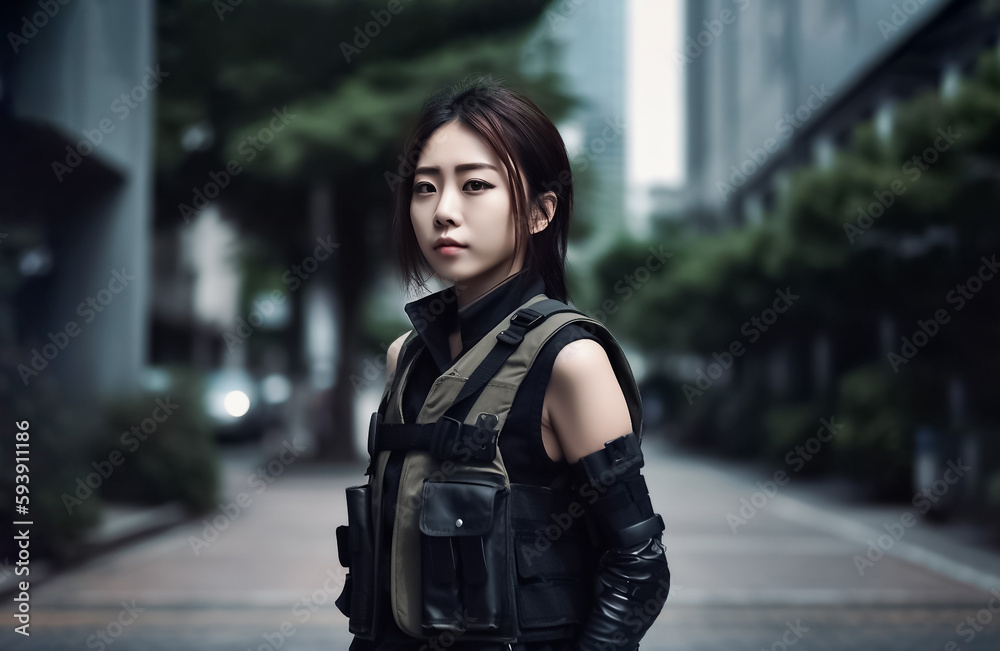 Asian female soldier stands tall in her armored suit, holding a ...