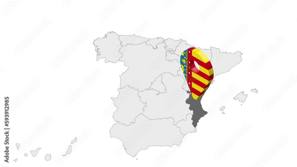 Location Valencian Community on map Spain. 3d Valencian Community flag ...