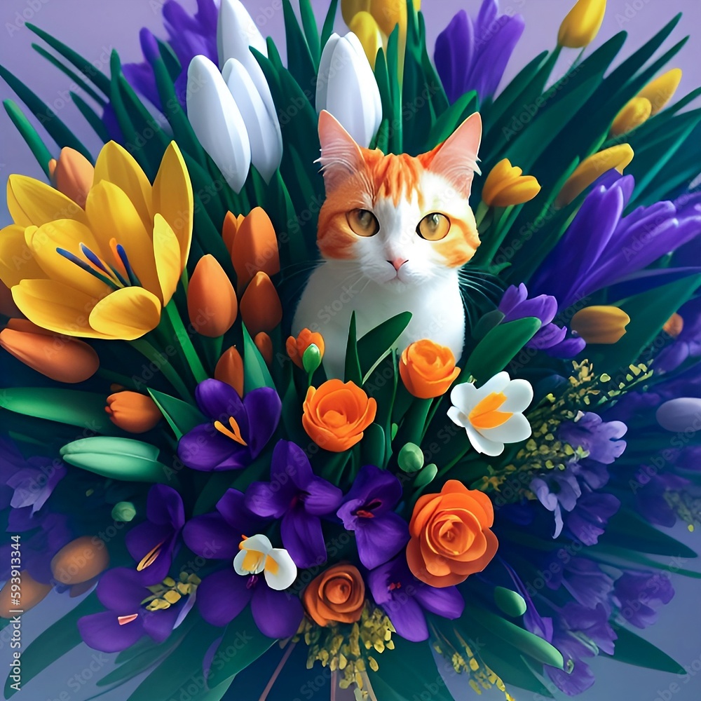 Cat, Bouquet, Good vibes, Spring, Tulip, AI art, Flowers, Whiskers ...