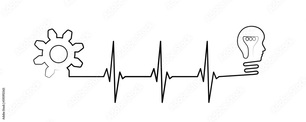 Editable line heart rhythm design with human head, lightbulb, gear ...