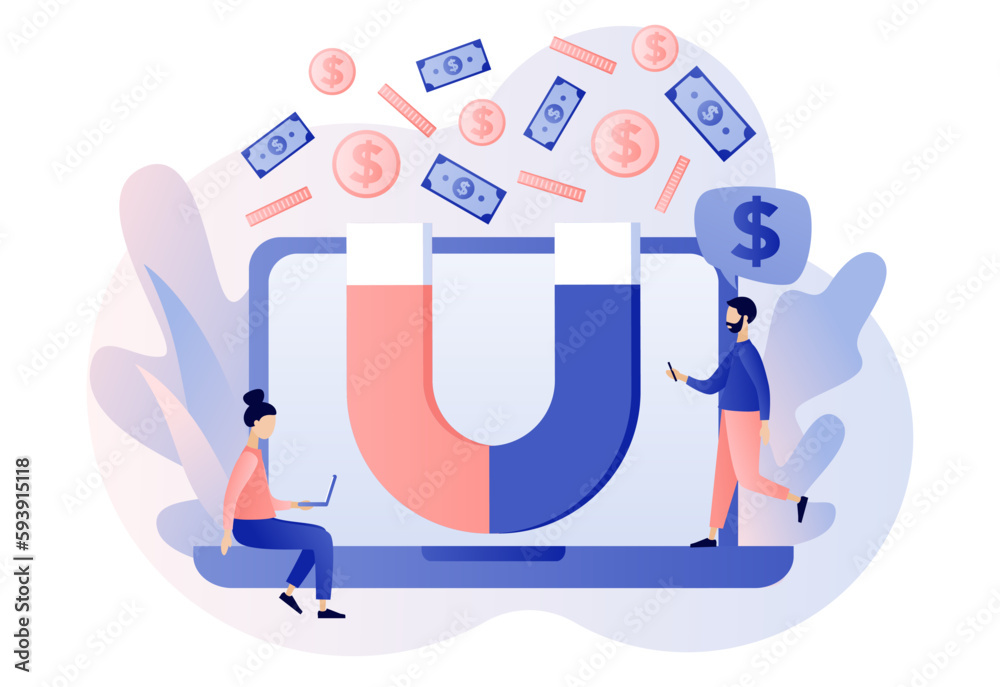 Money magnet on laptop screen. Magnet power attracting golden coins ...