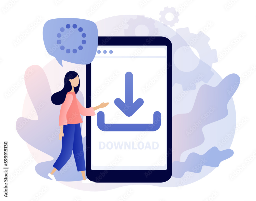 Download concept. Install symbol. Tiny people downloading data, files ...