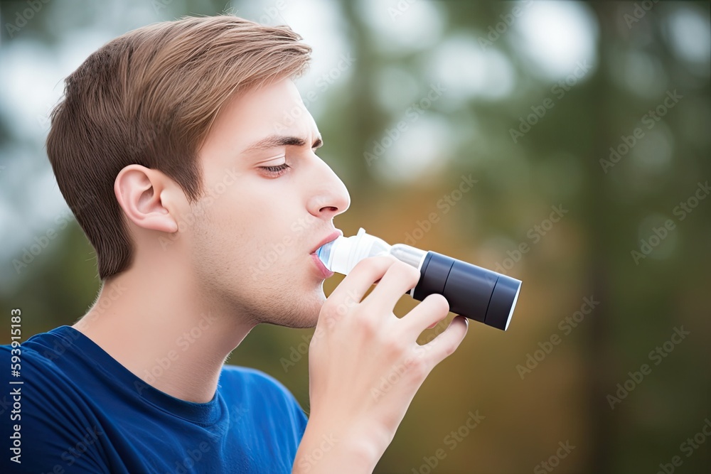 Young man using blue asthma inhaler to prevent an asthma attack.Health ...