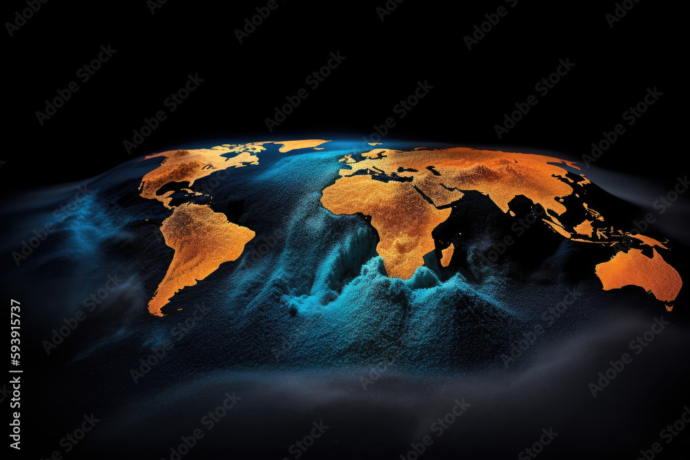 Bioluminescent colored sand crystals form a world map, and vibrant ...