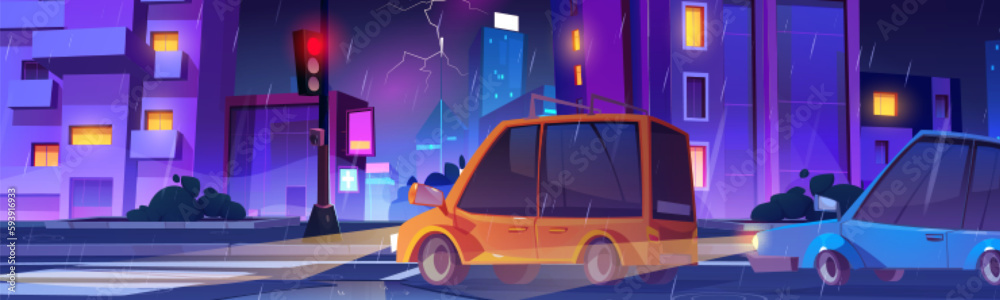 Night city street with cars in rainy weather. Vector cartoon ...