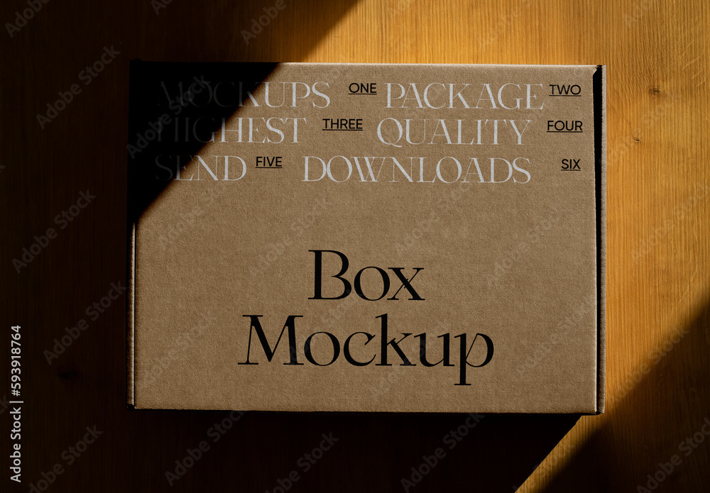 Paper Box on Wood Floor Mockup Stock Template | Adobe Stock