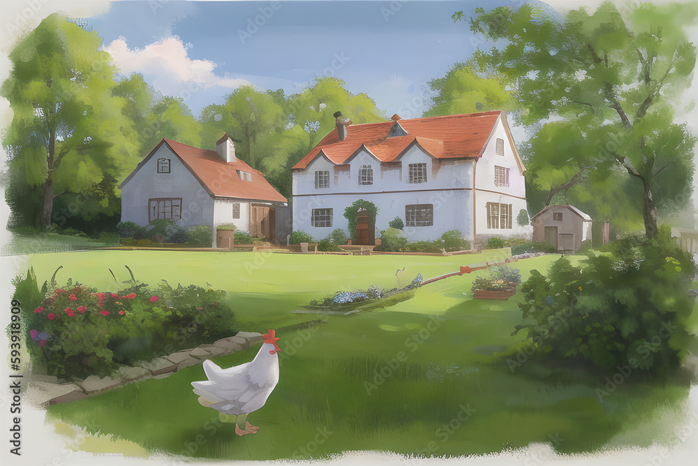 ภาพประกอบสต็อก Casa rural en la naturaleza con vivos colores, estilo ...