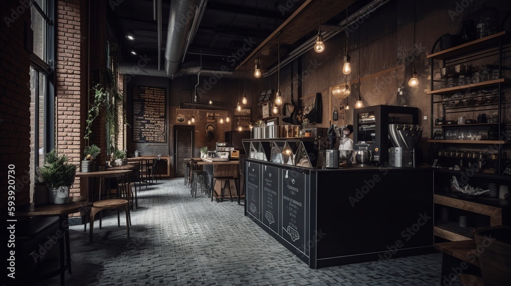 Loft-inspired cafe interior, dark tones, open space, coffee choices ...