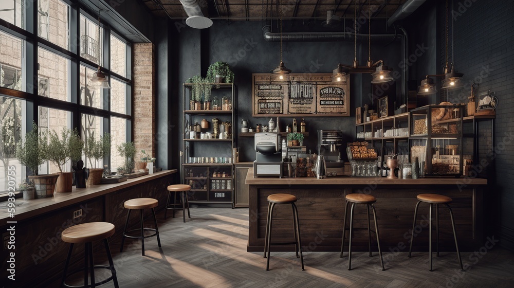 Loft-inspired cafe interior, dark tones, open space, coffee choices ...