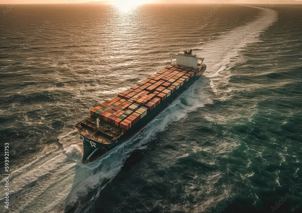Aerial view container ships sailing through turbulent seas ...