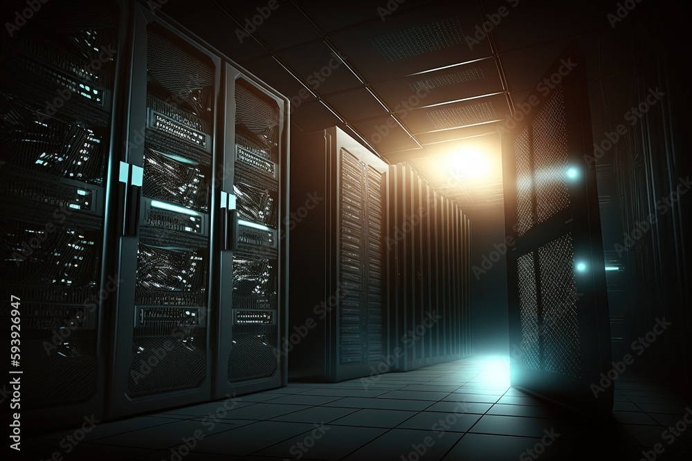 Shot from the perspective of a light bulb illuminating a server ...