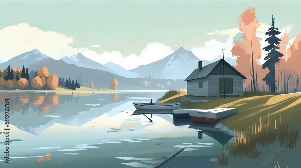 House near a lake. Calm, peaceful wooden house in nature. Beautiful ...