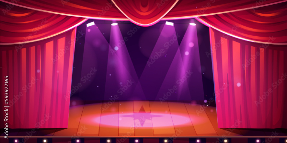 Theater concert stage with curtain cartoon scene background. Opera show ...