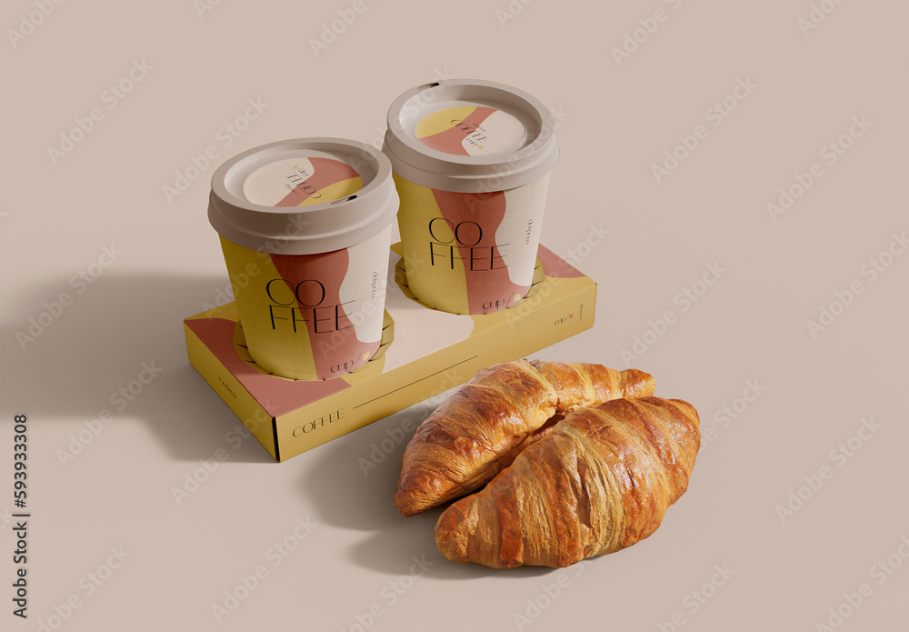 Coffee Cups Holder and Croissant Mockup Stock Template | Adobe Stock