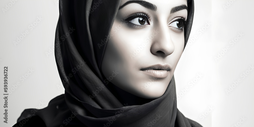 Glamour black and white portrait of Arabian Muslim woman in hijab ...