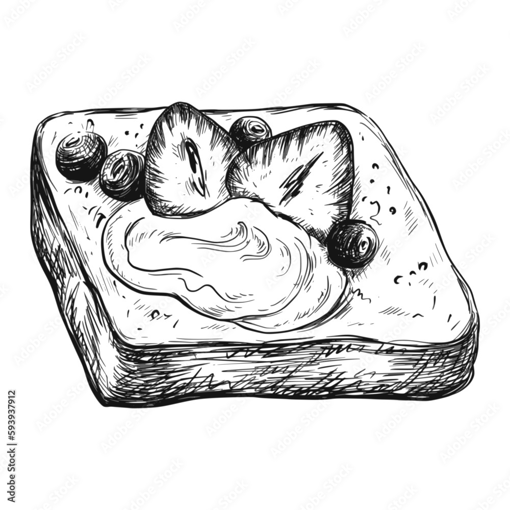 Toast and berries sketch ink graphic illustration, draft silhouette ...