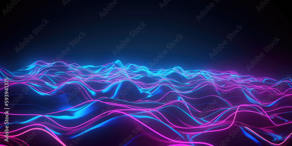 lignes ondulées dynamiques et lumineuses sur le sol, lumière néon bleu ...
