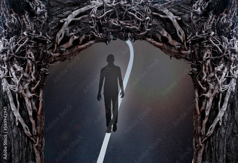 black silhouette man with rays in dark road, scary, surreal branches ...