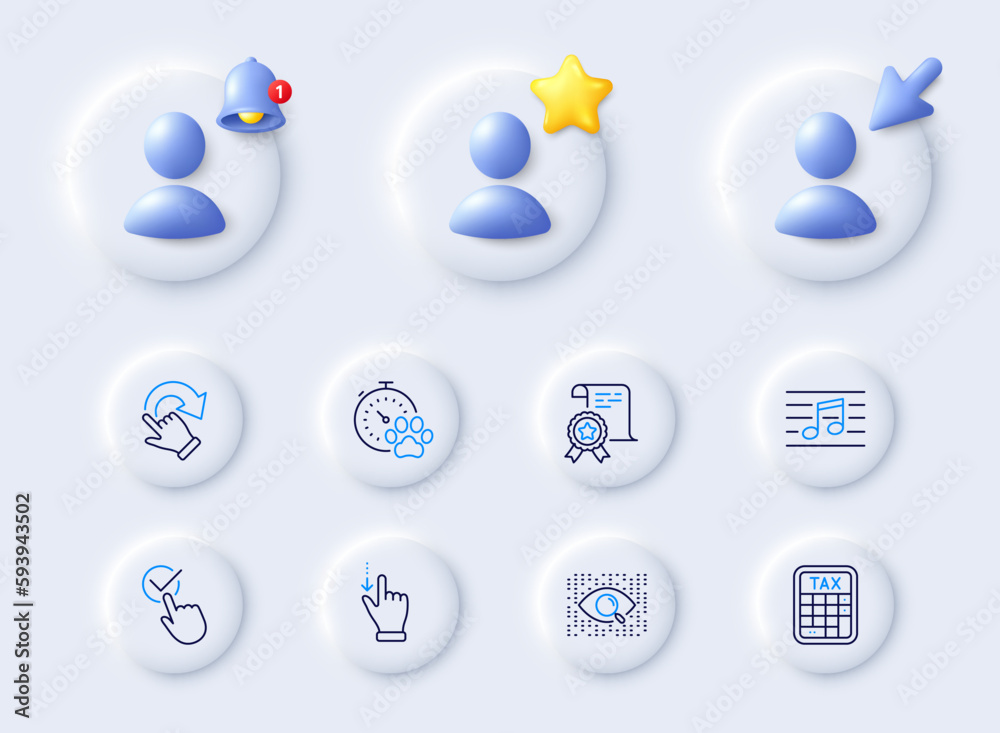 Rotation gesture, Tax calculator and Checkbox line icons. Placeholder with 3d cursor, bell, star ...