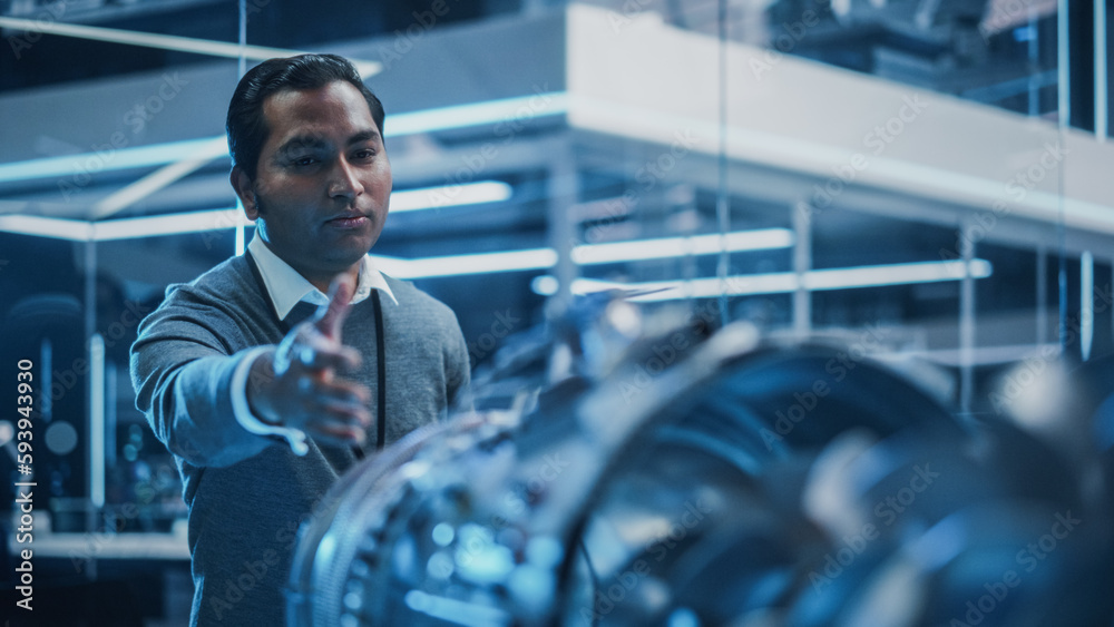 Foto de Handsome Multiethnic Chief Engineer Explaining the Technology ...