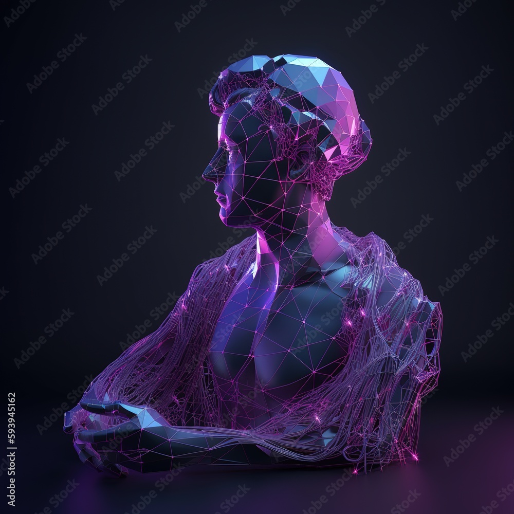 Classical sculpture 3D rendered with low poly glowing purple lines ...
