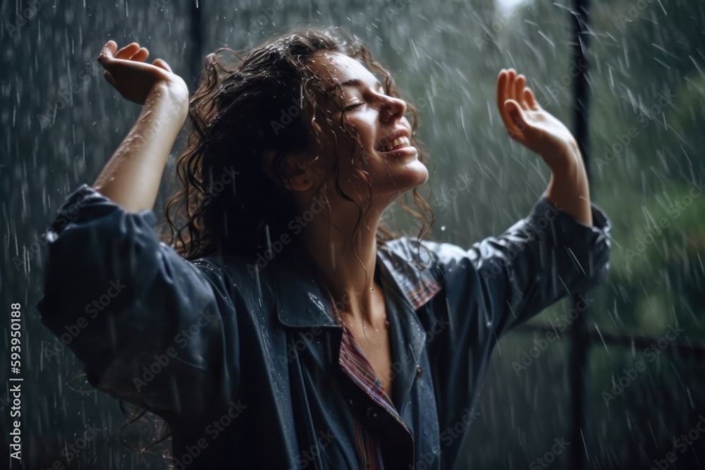 Happy smiling woman dancing under rain in the street. Generative AI ...