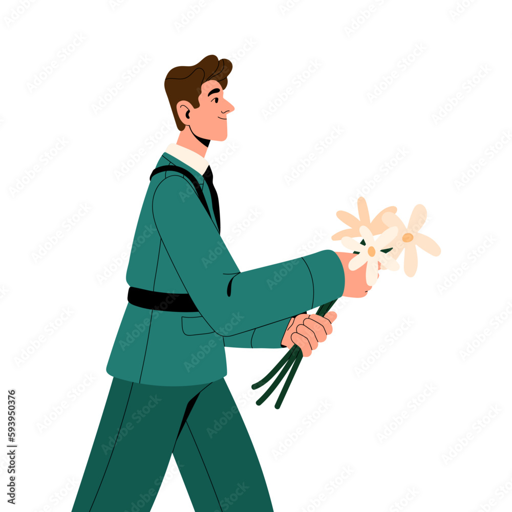 Soldier in military uniform going with flowers. Happy serviceman, war ...