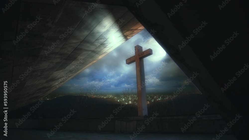 Religious Cross Moonlight City Skyline Motion Background. Christian ...